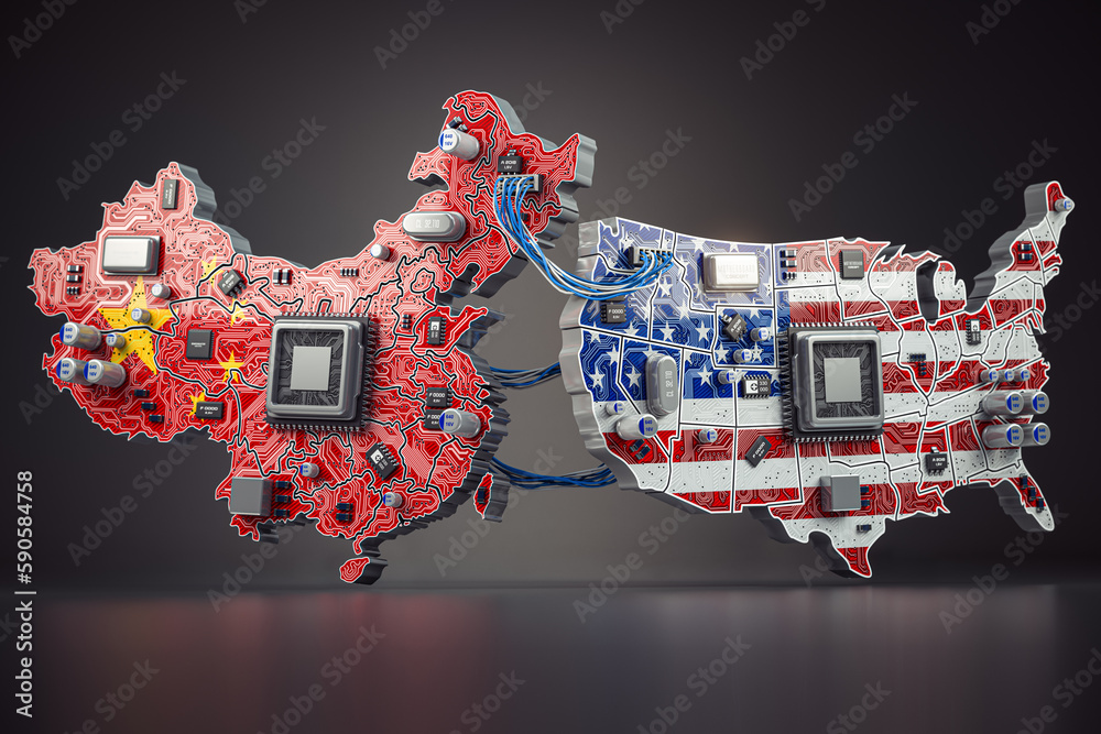 Semiconductor chip war between USA and China concept. Computer chips in from of China and USA ...