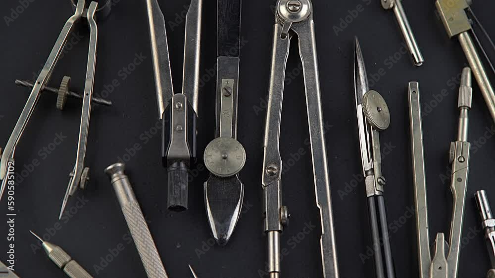 Compass for drawing. Set of old different compasses. Retro metal ...