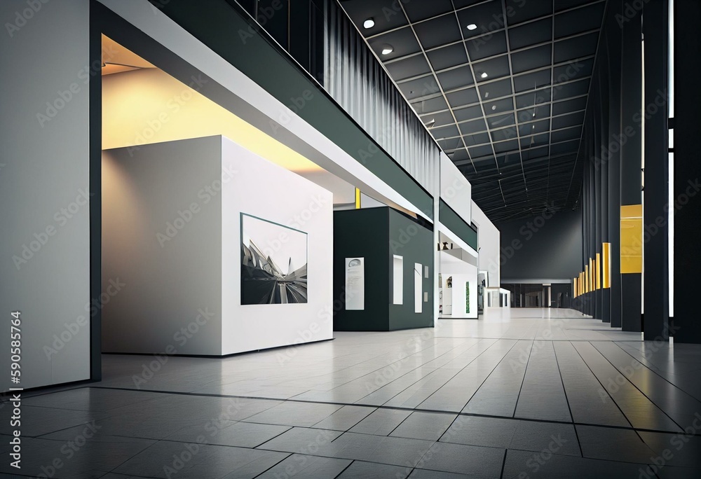 3D rendered exhibition center with empty hall and backdrop for stands ...