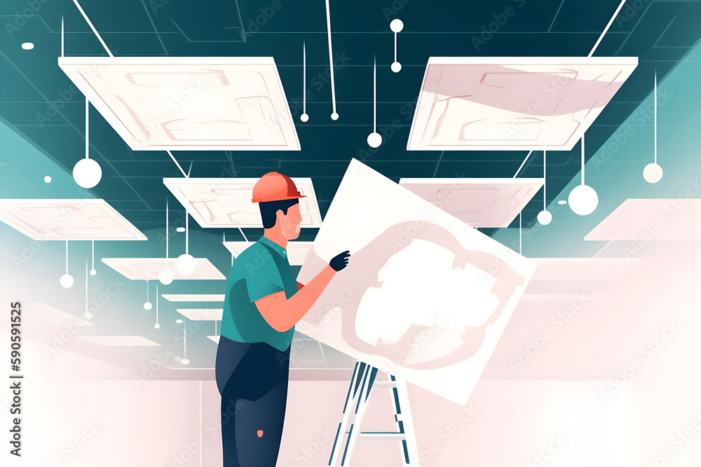 Flat vector illustration Ceiling installation. Builders using PVC tiles ...