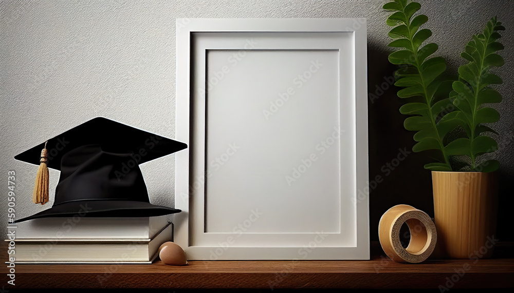 White frame with graduation cap for celebration. Graduation cap with ...