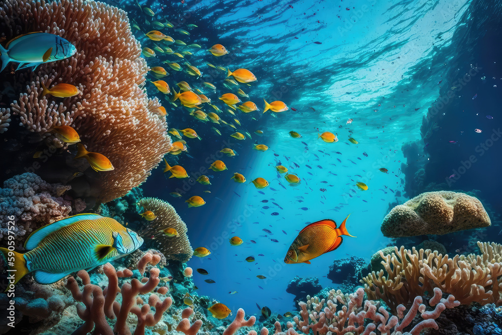 Animals of the underwater sea world. Ecosystem. Colorful tropical fish ...