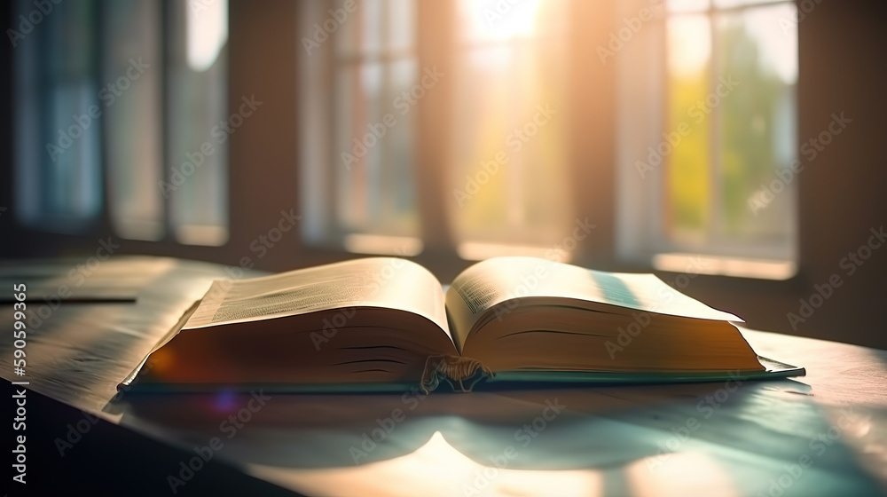 Book background. Blurred open book on a table in a university ...