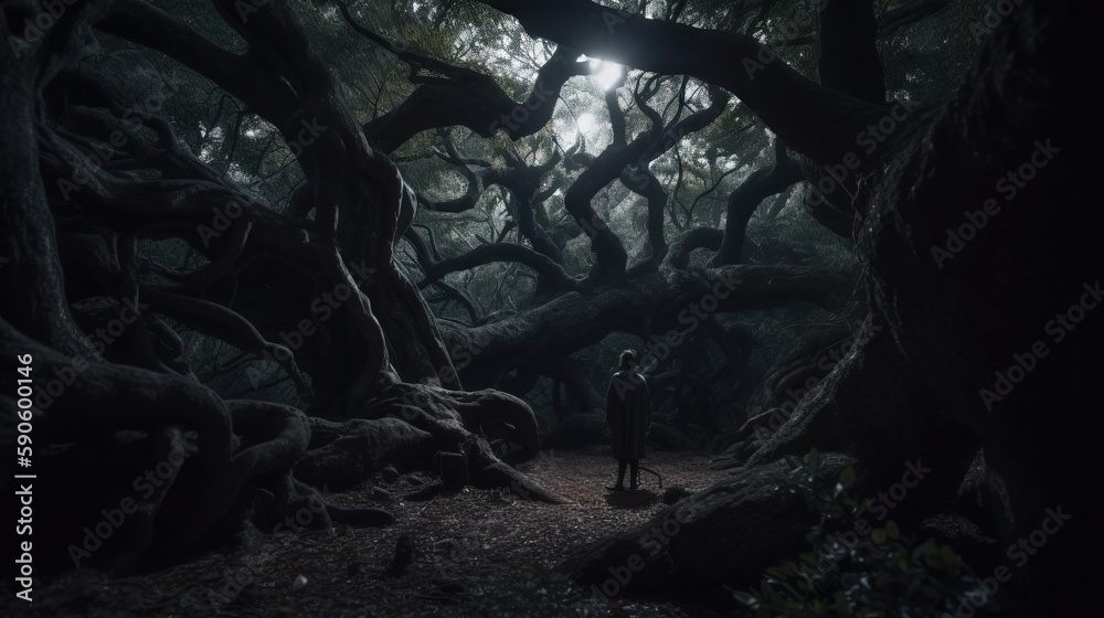 a person standing in the middle of a dark forest with a light shining ...