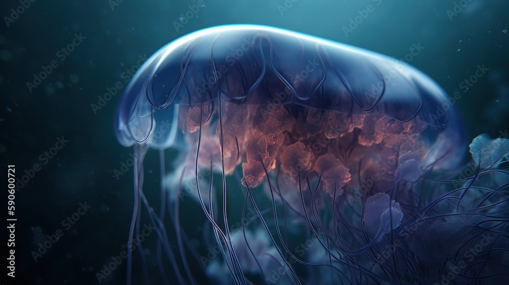 a blue jellyfish floating in the ocean with a dark background and a ...