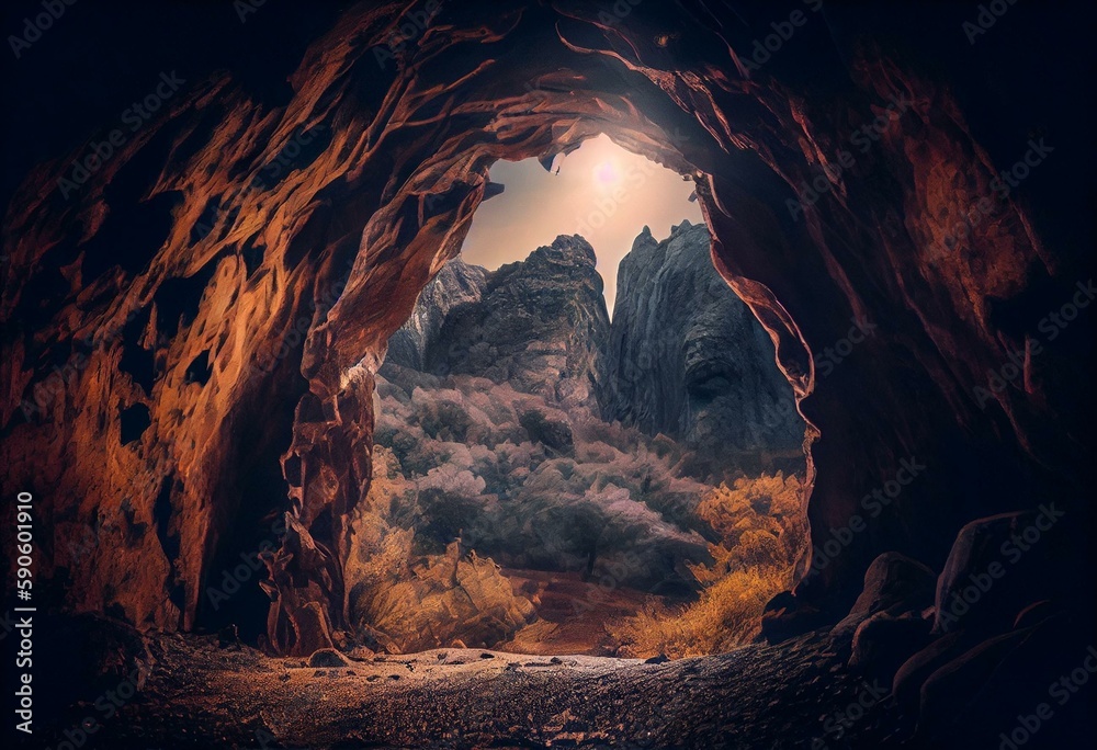 Entrance through stone arch with mystical markings into cavern in ...
