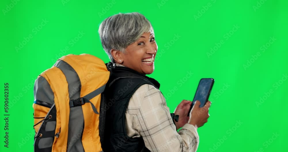 Travel, backpacking and phone with old woman on green screen for gps ...