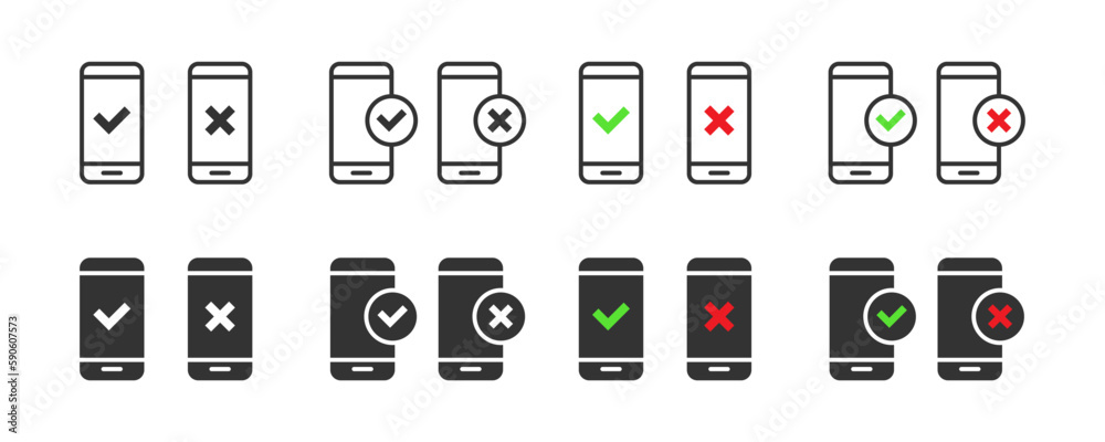 Smartphone icon set with check mark and cross symbols. Vector ...