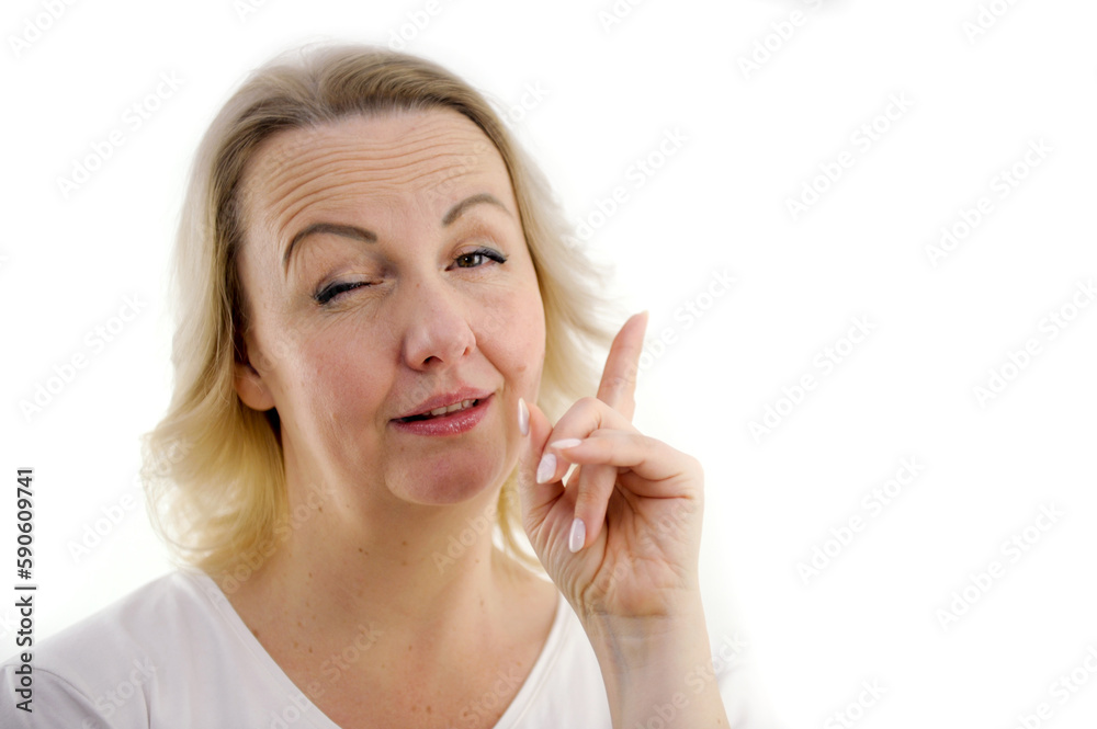 Attention listen to me. Close up portrait woman wagging finger holding ...