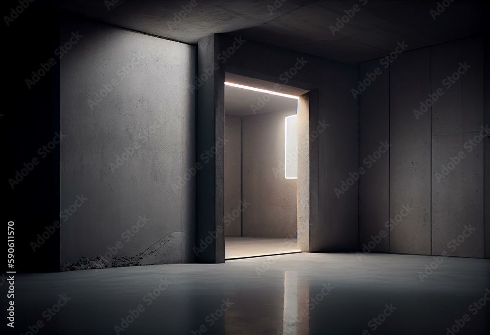 Contemporary and vast concrete chamber with rough flooring, illuminated ...