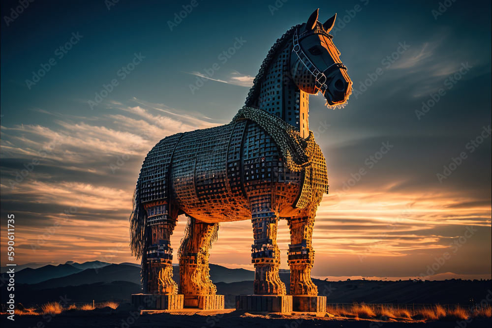 Malicious computer program Trojan horse. Virus illustration in digital ...