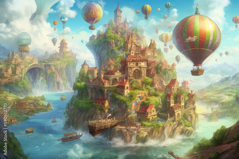 whimsical fantasy world with floating islands, colorful hot air ...