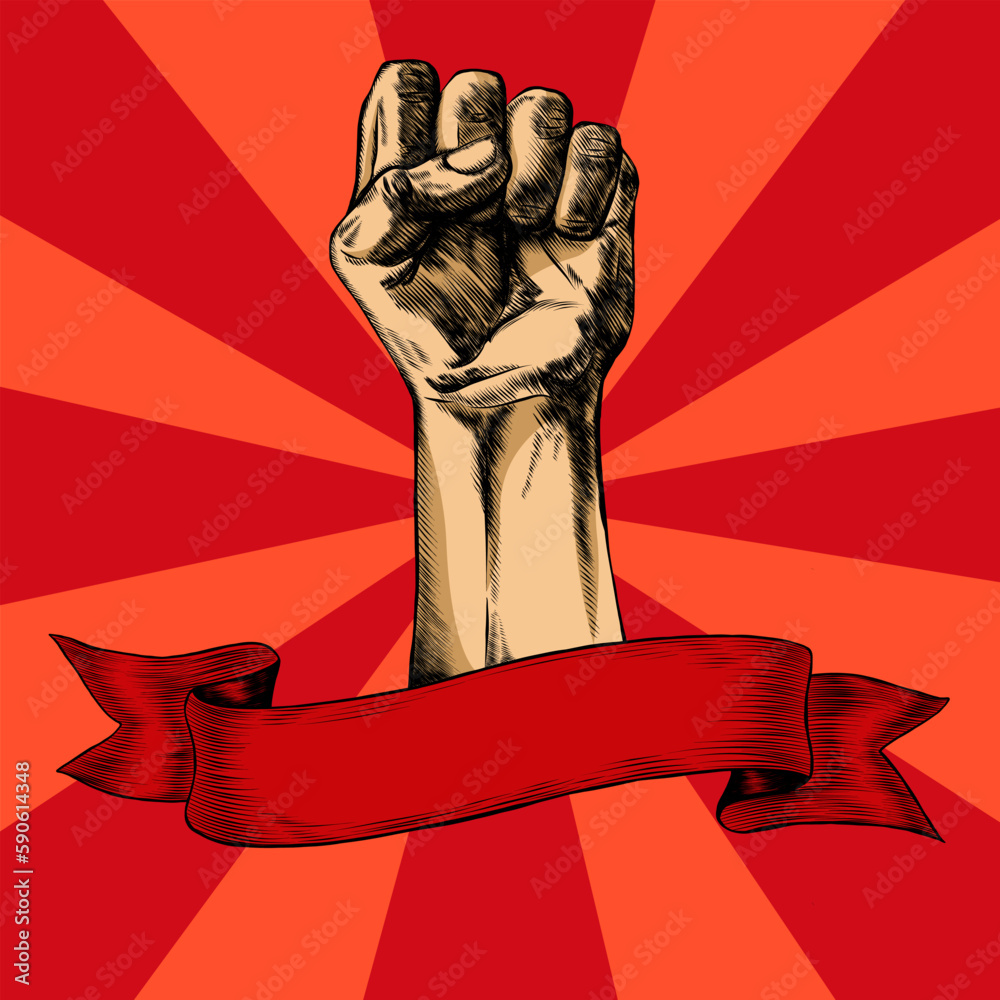 Raised hand with clenched fist poster. Mayday vector illustration ...