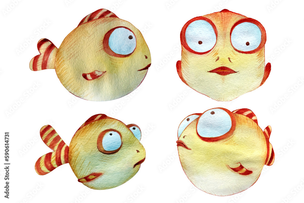 Set of Watercolor illustrations of funny fishes on transparent ...