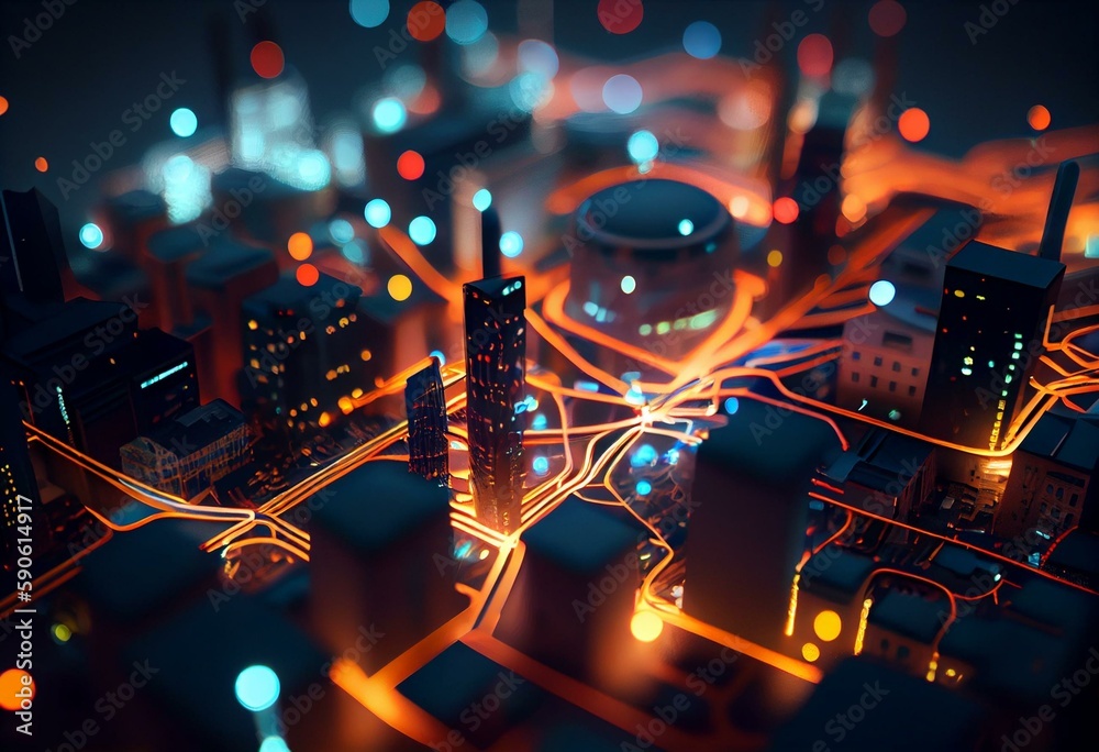 An abstract modern city diorama with a wireless sensor network, nodes ...