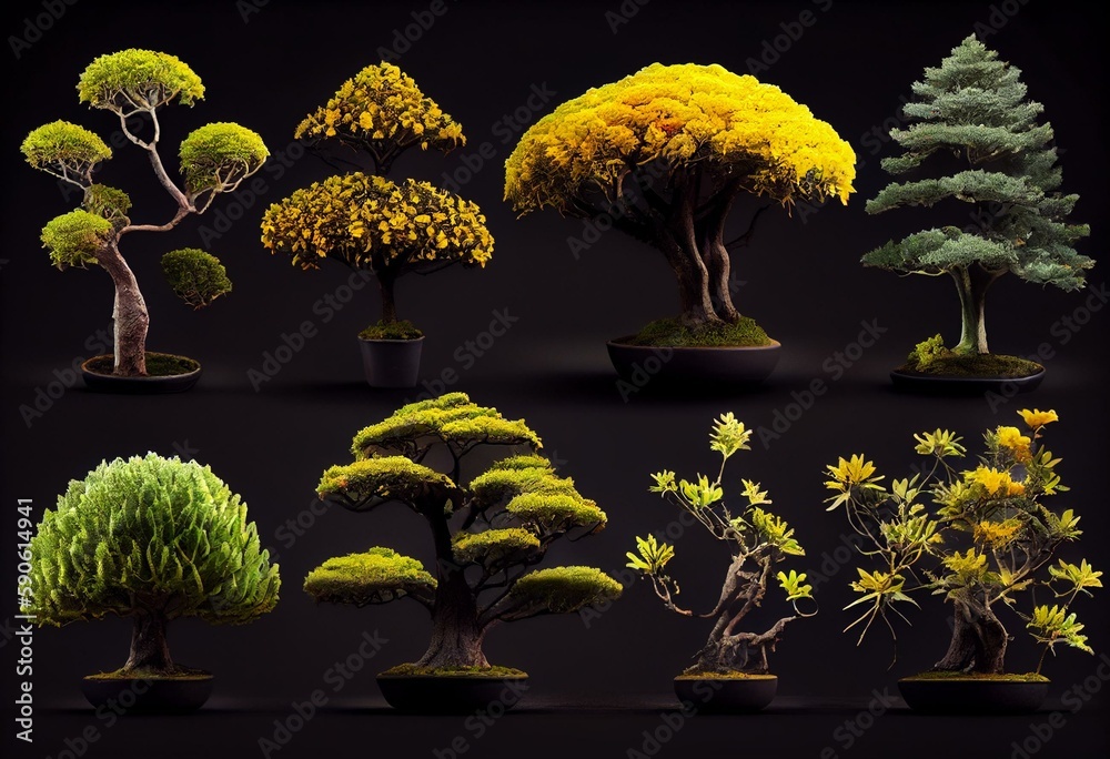 Collection of 12 trees and bonsai with green leaves, featuring a ...