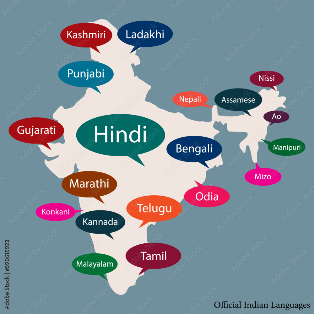 Indian Map With Official Languages Of Indian States Vector Illustration indian-map-with-official-languages-of-indian-states-vector-illustration