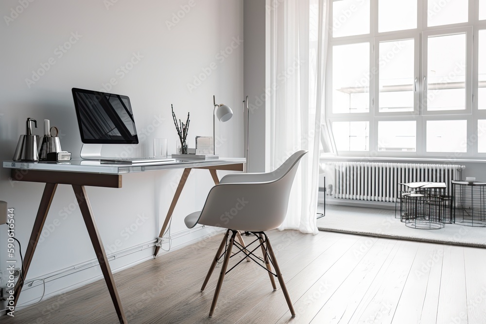 ภาพประกอบสต็อก sleek and minimalist home office setup with a sleek desk ...