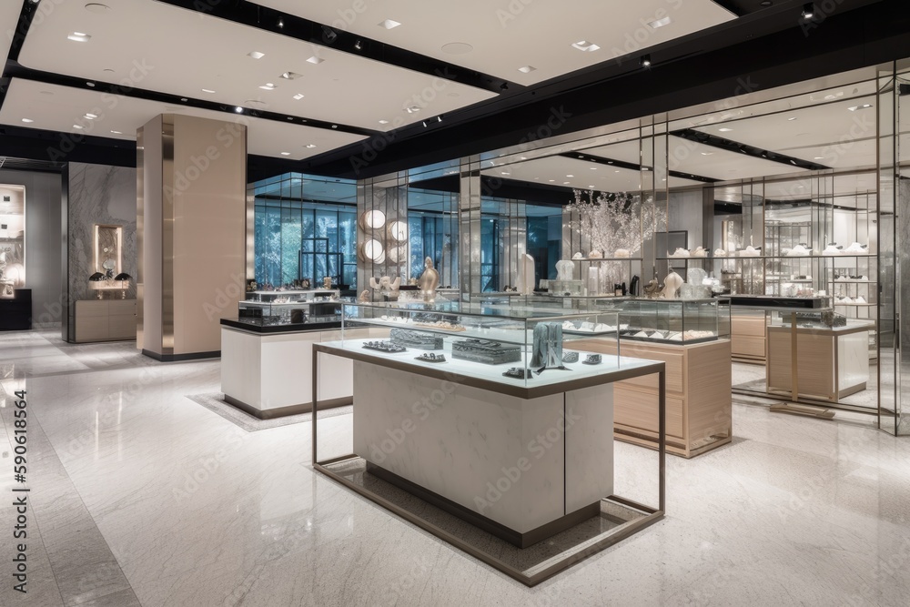 chic retail store with floor-to-ceiling glass windows, modern fixtures ...