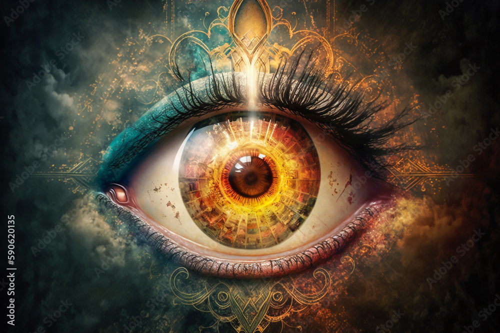 Big eye with ornamental decoration in haze sees viewer. Conceptual ...