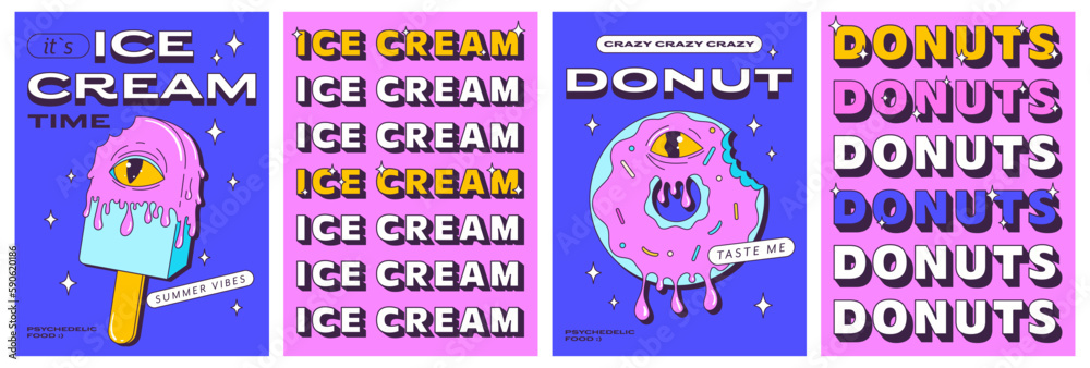 Trendy psychedelic posters set with funny fast food characters. Trippy ...