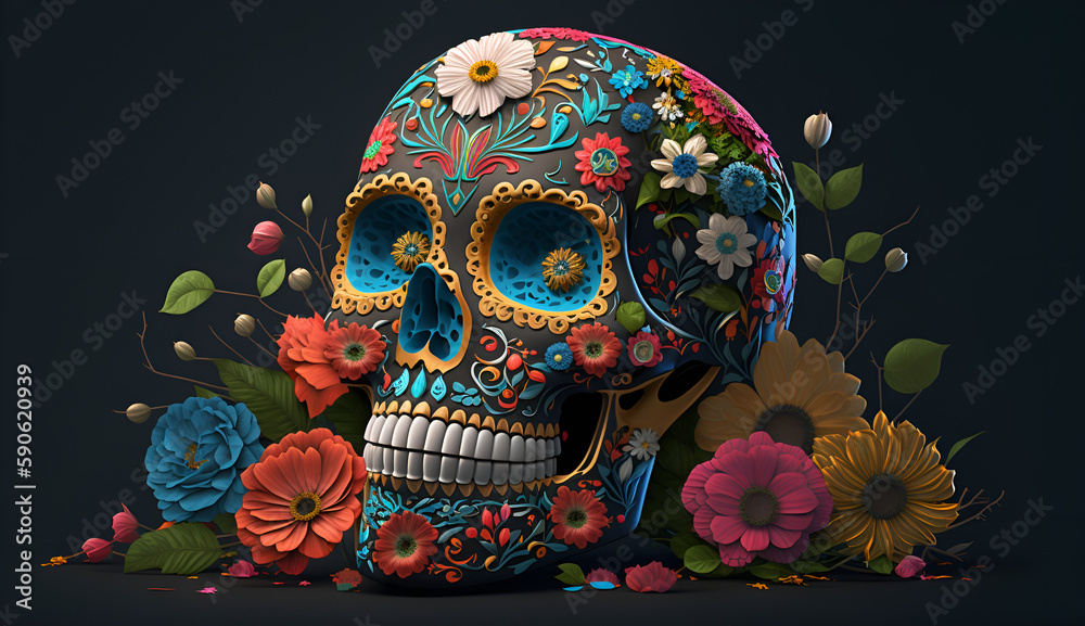 Hispanic heritage sugar skull marigold Festive dia de los muertos ...