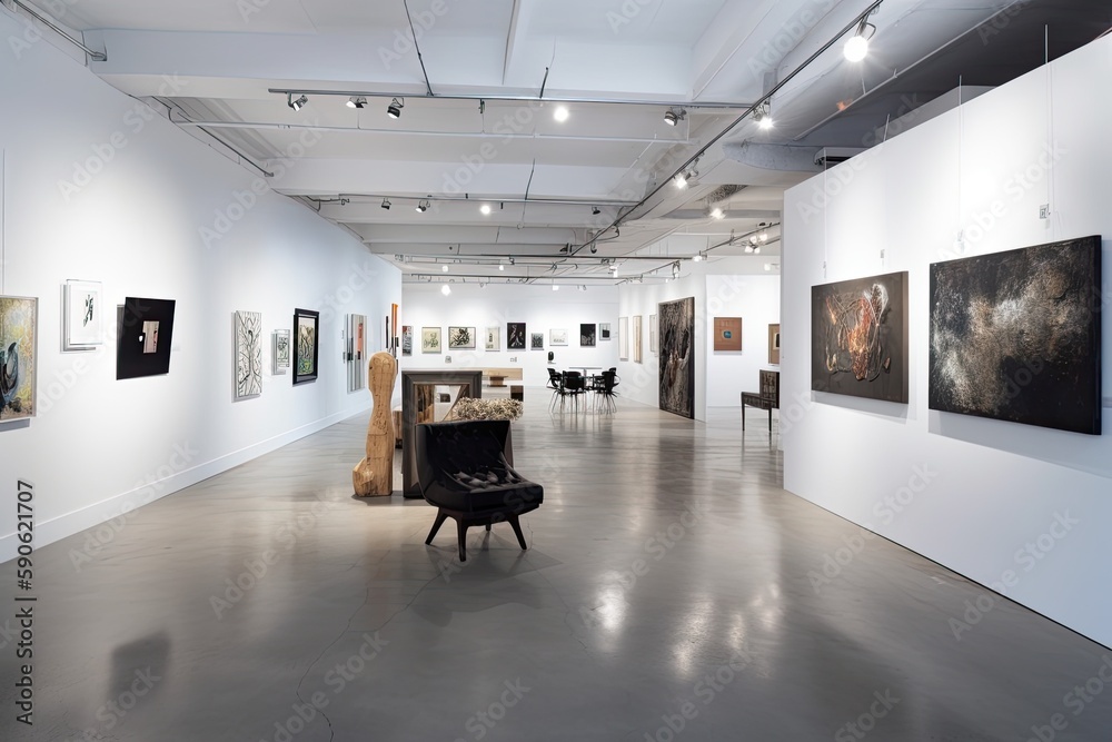 contemporary art gallery with minimalist white walls, track lighting ...