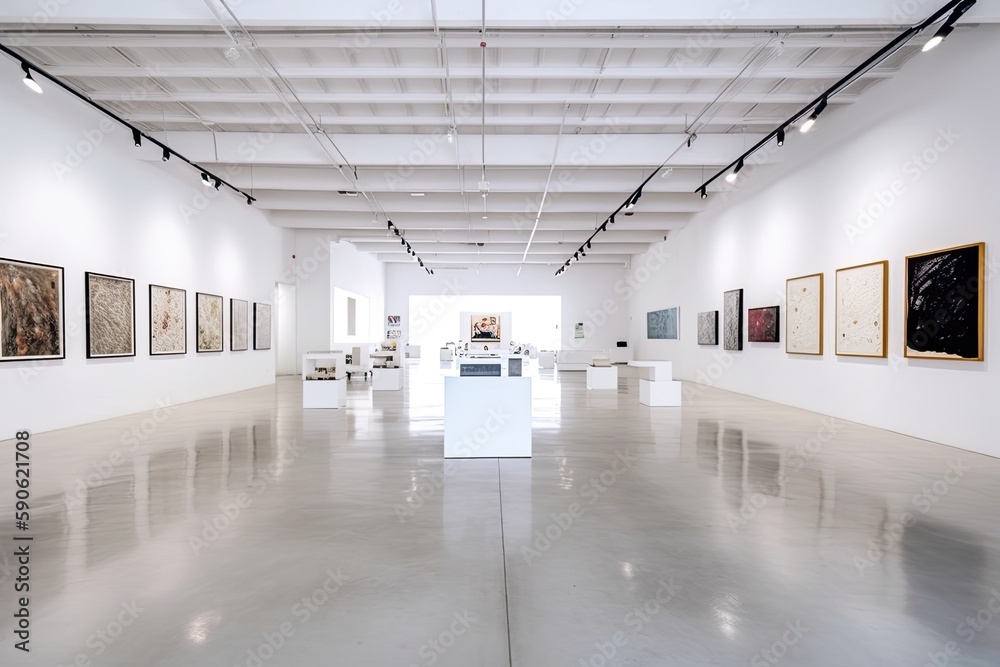 contemporary art gallery with minimalist white walls, track lighting ...