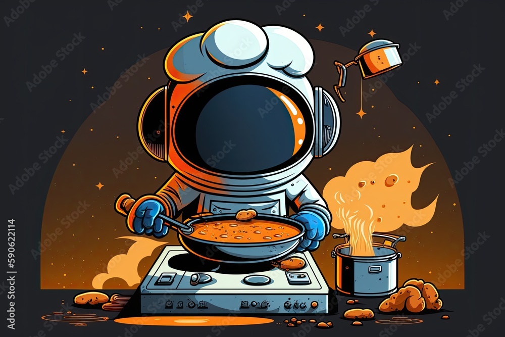 Cartoon representation of a lonely astronaut cooking with an apron ...