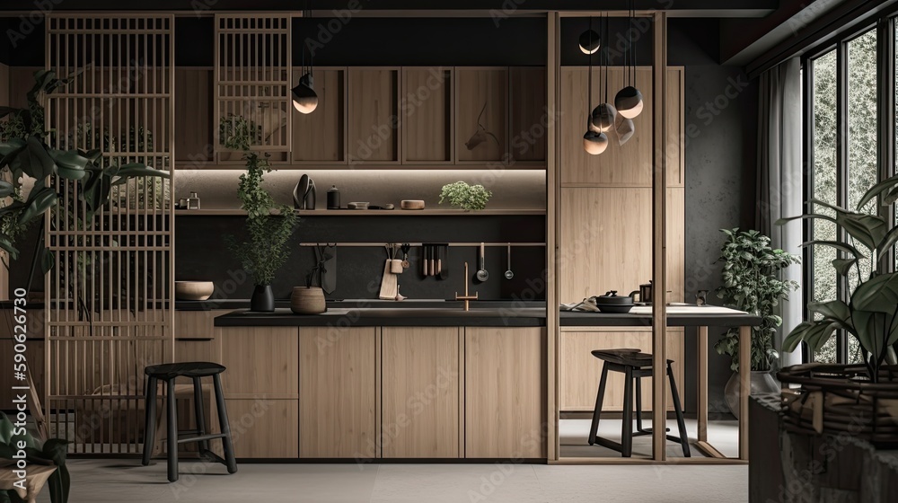 Interior of modern japandi kitchen with wooden walls,, black ...