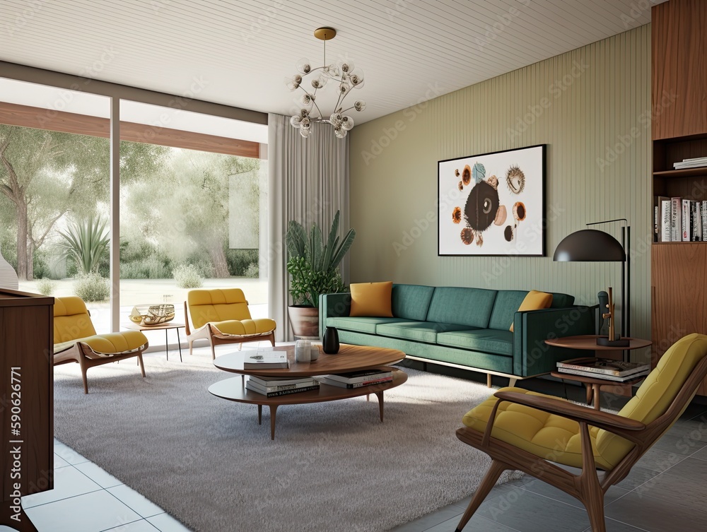 Interior of mid-century modern inspired living room with green sofa and ...