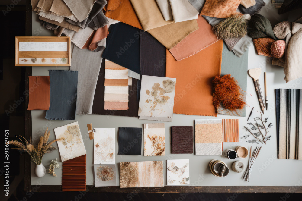 Interior design mood board with fabric and paint swatches. Generative ...