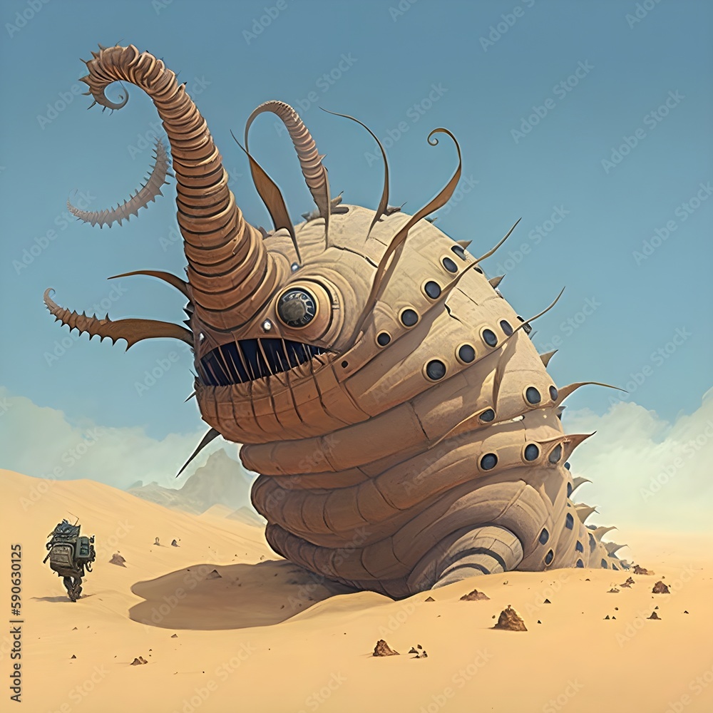 fantasypunk giant sand worm style of studio Ghibli full body anime ...