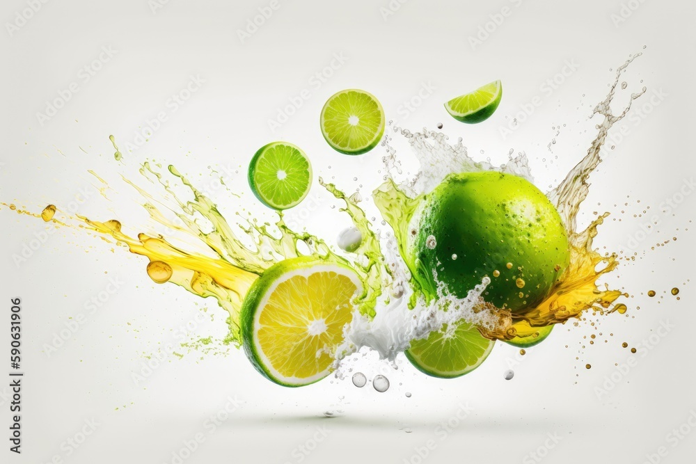 White background with an isolated fresh lime fruit and a splash of ...