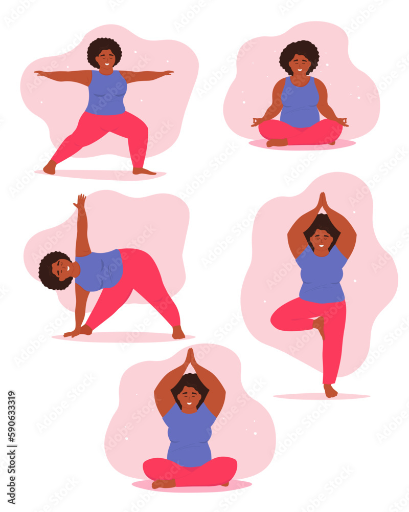 Set of bbw yoga pose. A full girl is engaged in asanas, gymnastics ...