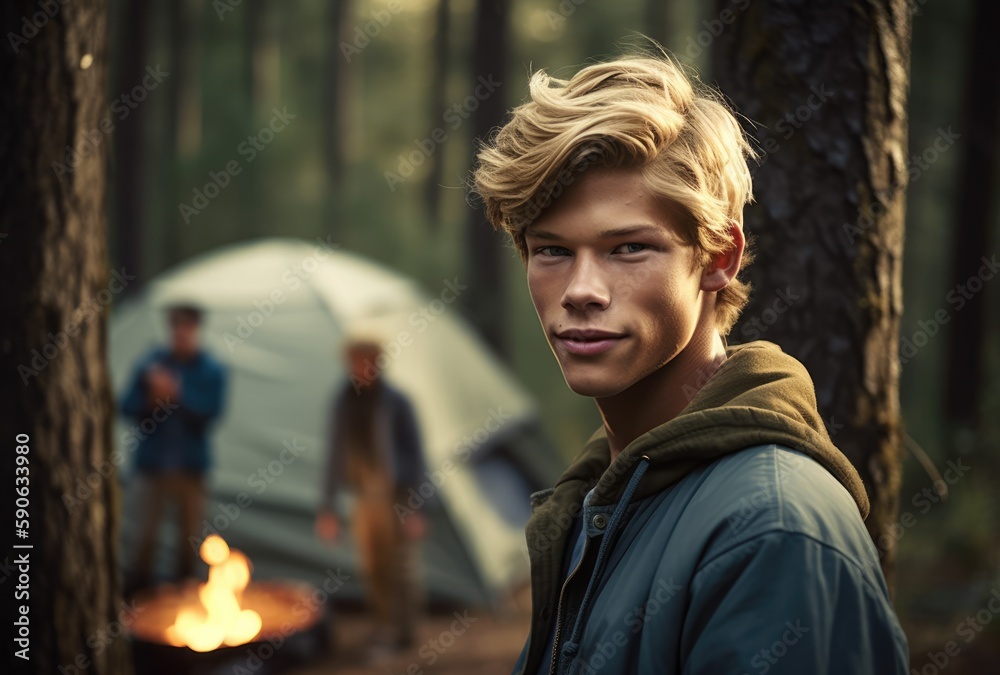 Handsome young man posing in front of a tent with a group of male and ...