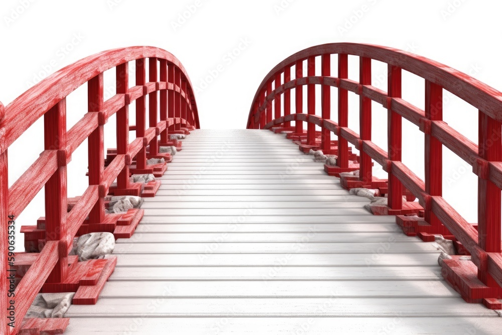 vibrant red bridge spanning over a calm body of water against a white ...