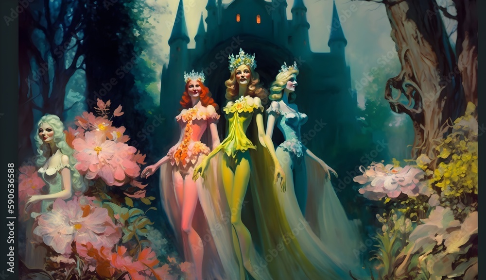 60s fantasy painting magical spring court masquerade party full bodies ...