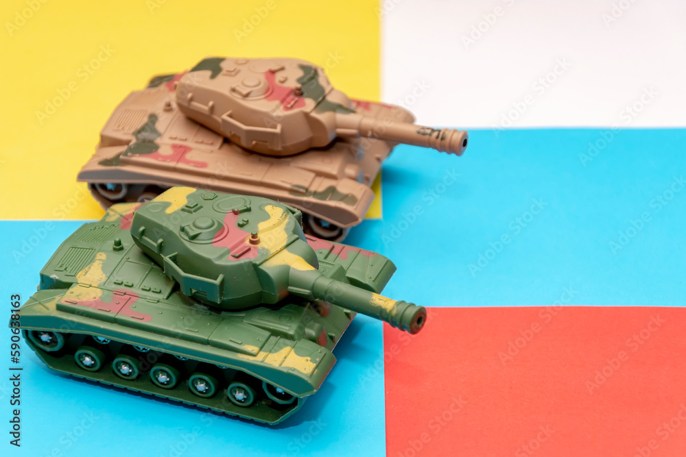 Military Ukrainian tanks, state borders, flags of Ukraine and Russia ...