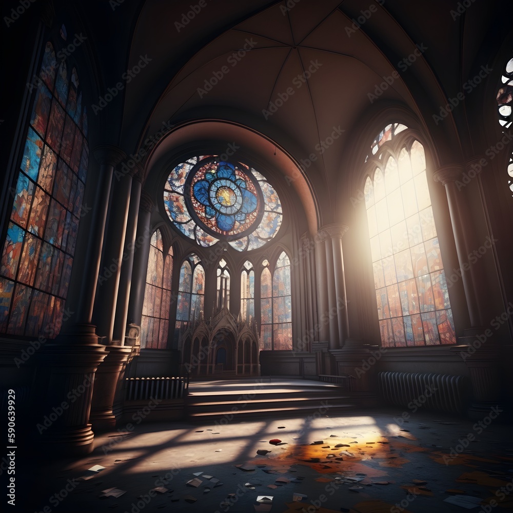blob in church with stained glass windows and sunlight shining through ...