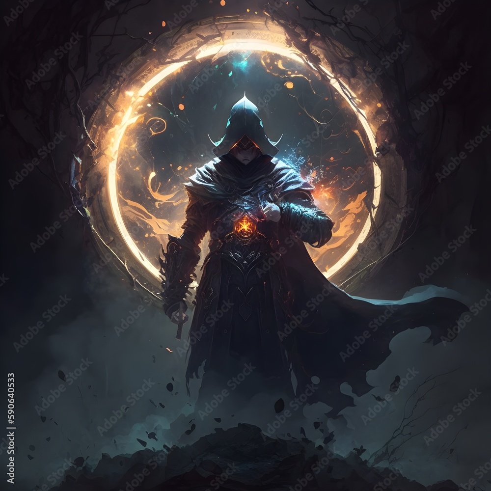 knight in black armour summoning a circle of darkness magic powerful ...
