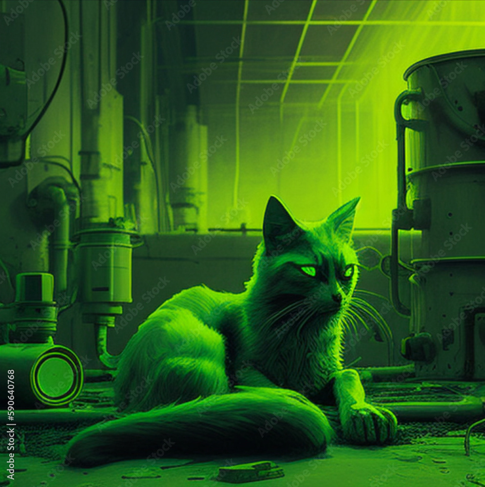 a small black cat laying down inside a gamma radiation plant Stock ...