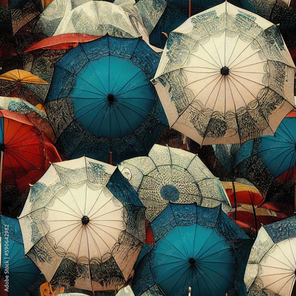 Fictional pattern of umbrellas generated with Ai machine technology ...