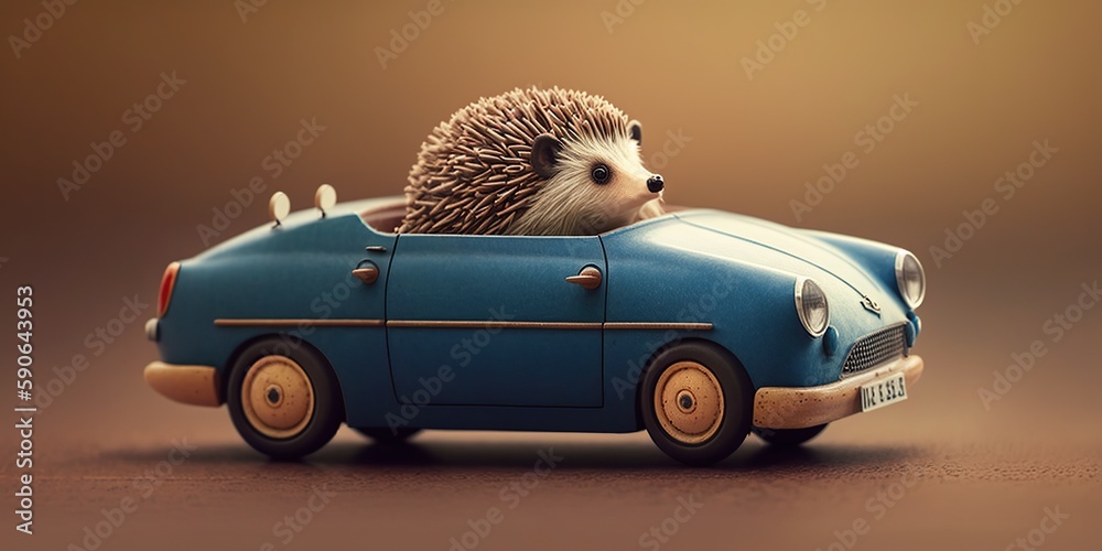Hedgehog driving miniature car looking like on road trip or running ...