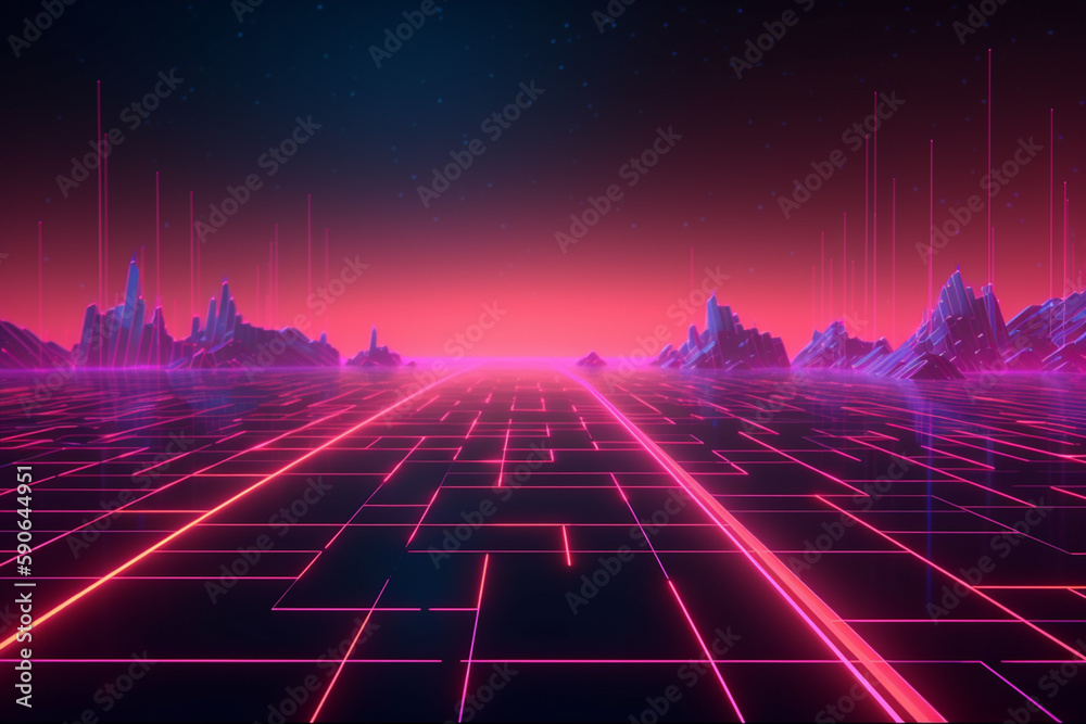 Retro Futuristic neon gaming landscape background Stock Illustration ...