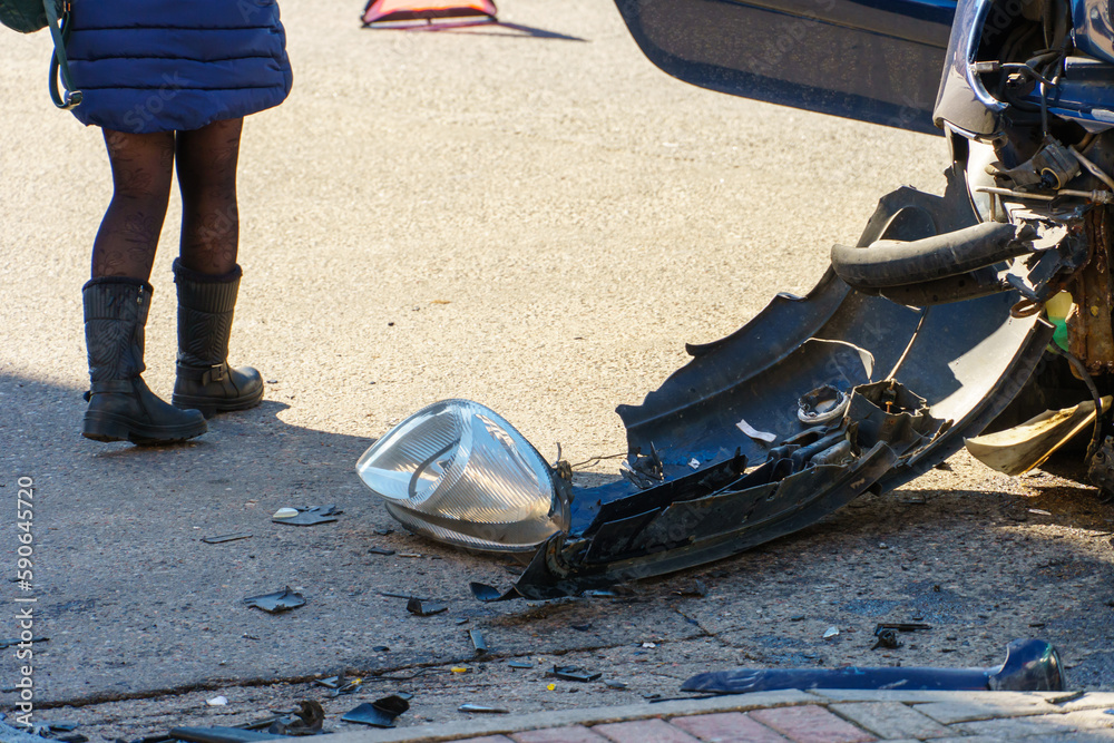 Car accident. A broken-down passenger car is on the road after an ...