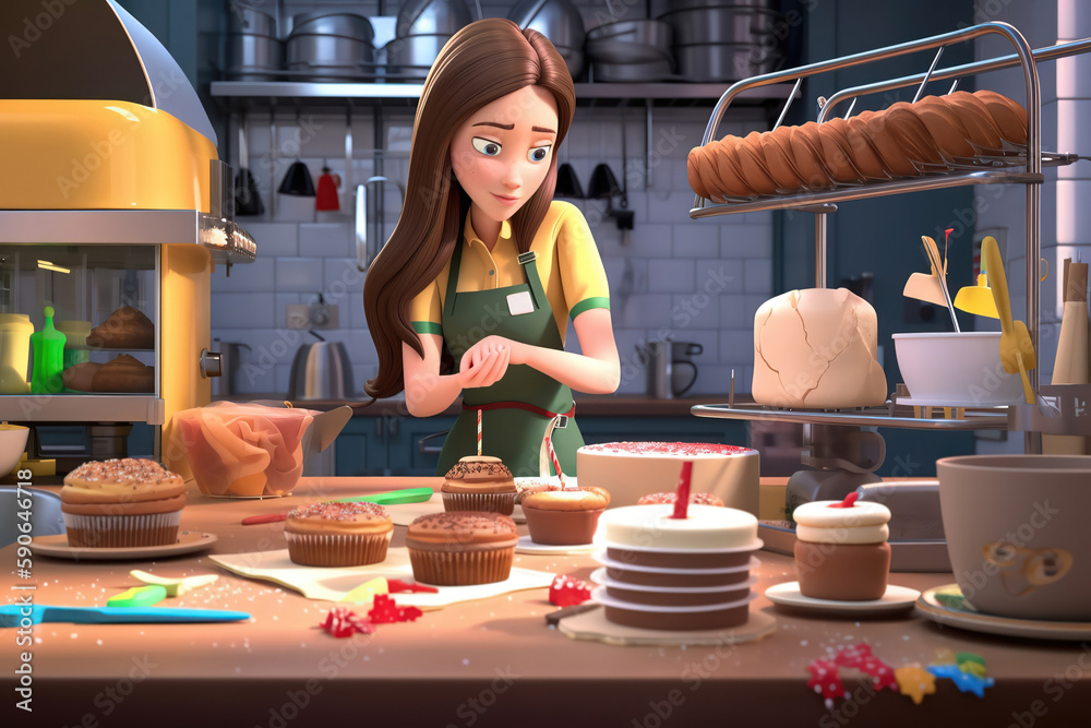beautiful young woman baker at her kitchen making cupcakes and sweets ...