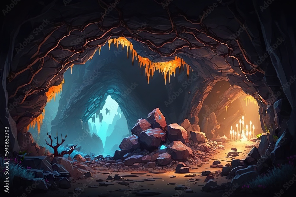 2D fantasy cave in rock background environment for a battle arena ...