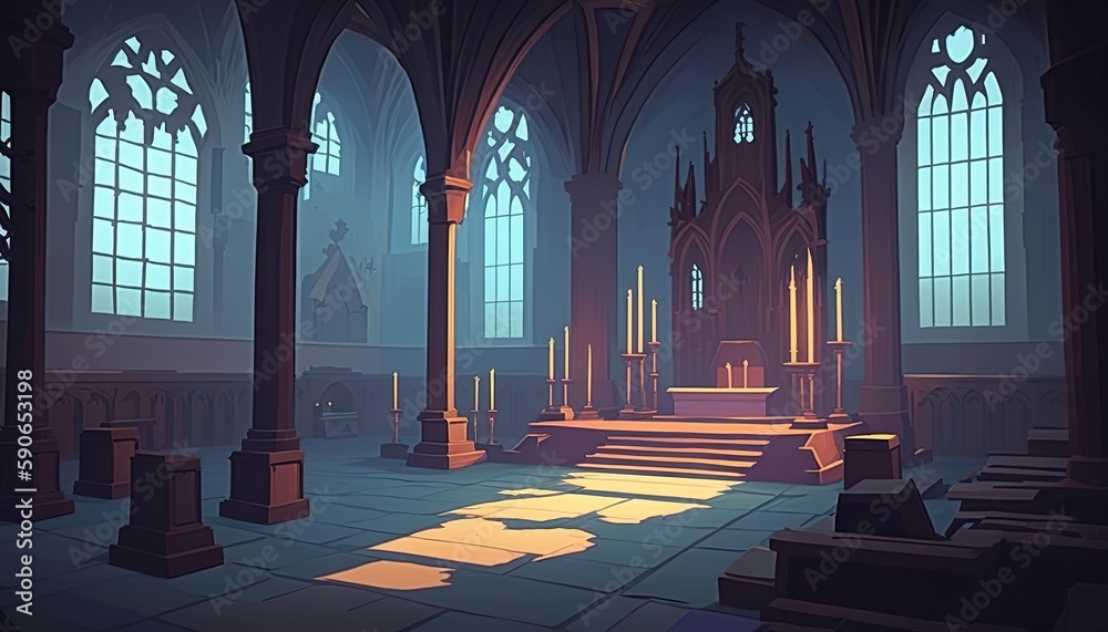2D interior of old stone church background environment for a battle ...