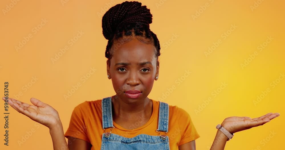 Face, confused and black woman with question, doubt and unsure against ...